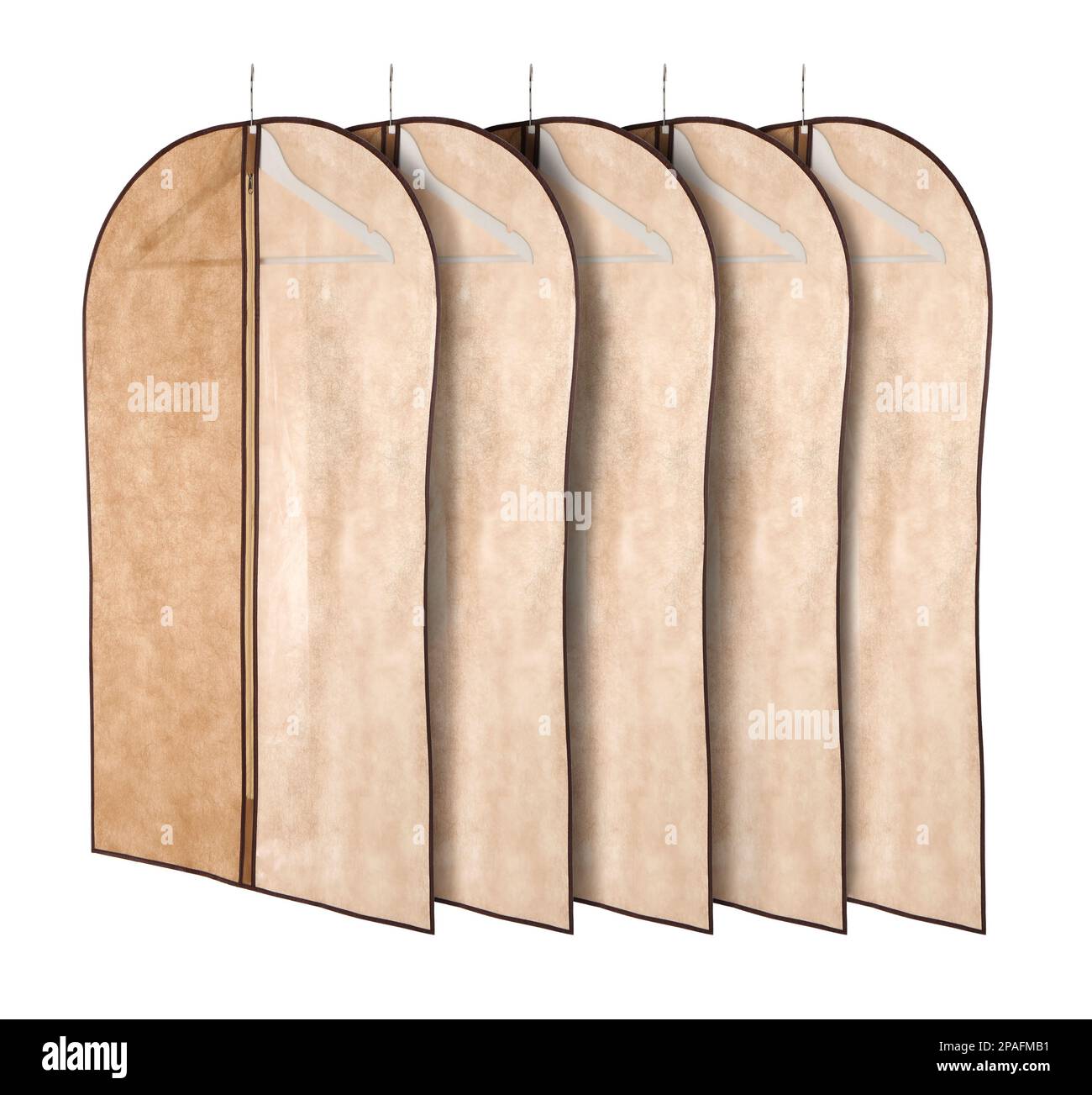 Set with garment bags for clothes on white background Stock Photo - Alamy