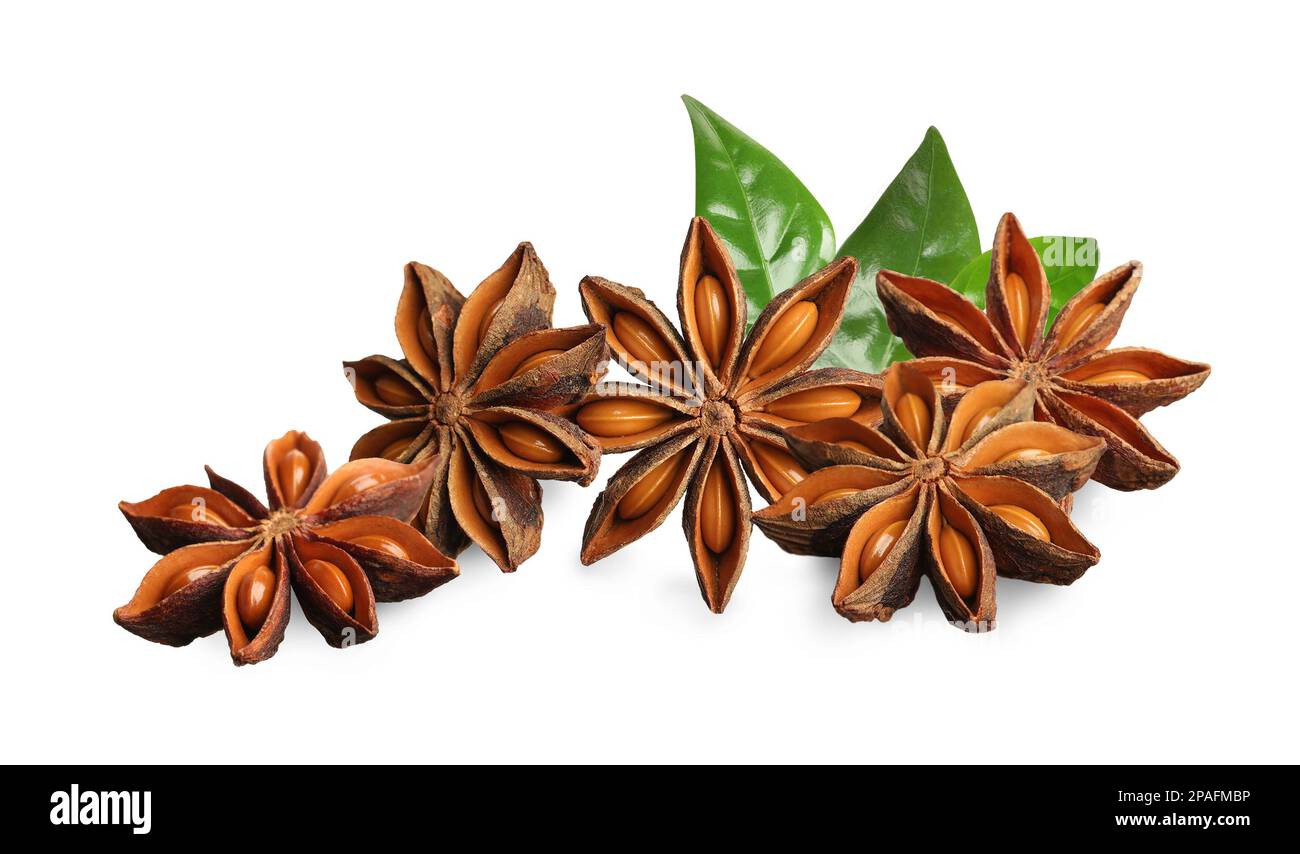 Aromatic dry anise stars and green leaves on white background Stock ...