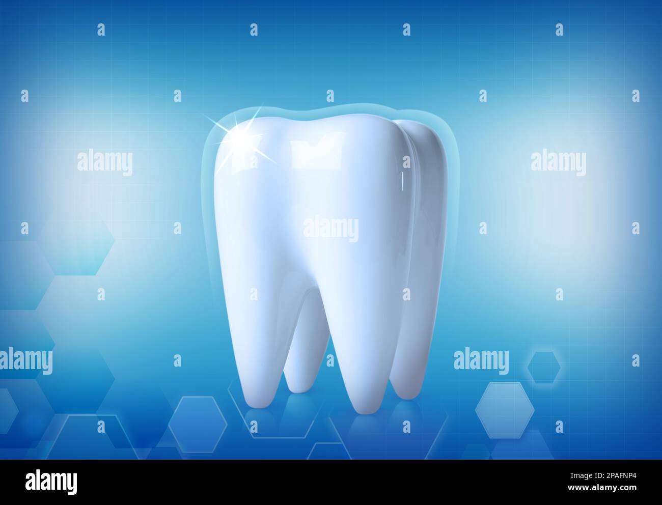 Tooth model with glowing on blue background. Dental care Stock Photo ...