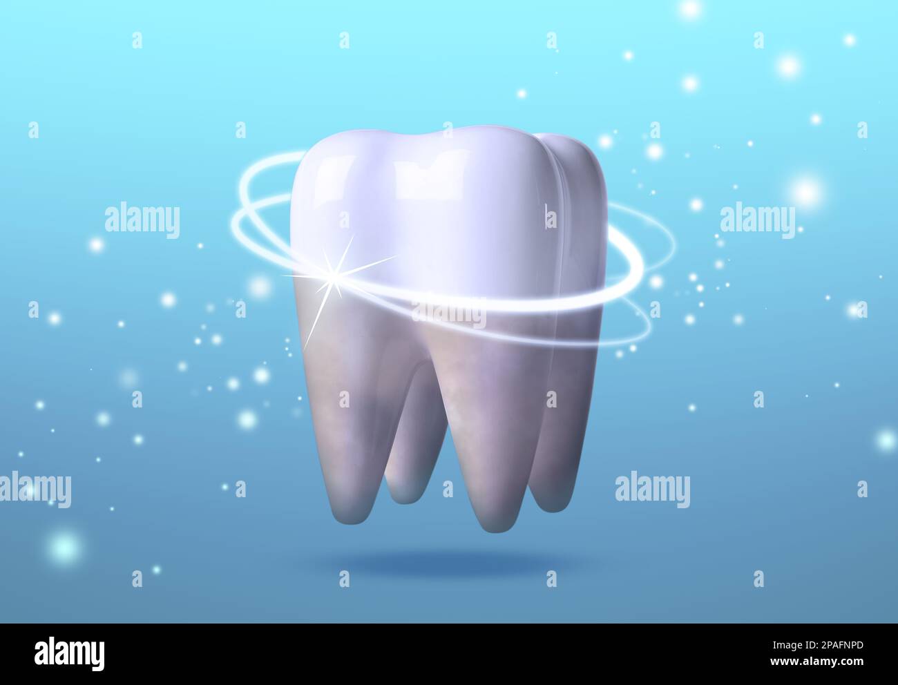 Tooth model with glowing on light blue background. Dental care Stock ...