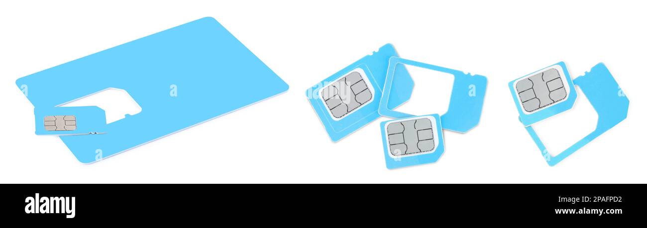 Set with light blue SIM cards on white background. Banner design Stock ...