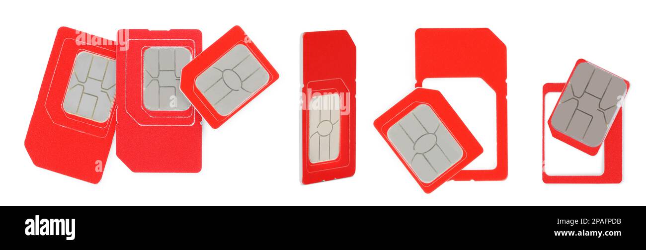 Set with red SIM cards on white background. Banner design Stock Photo ...