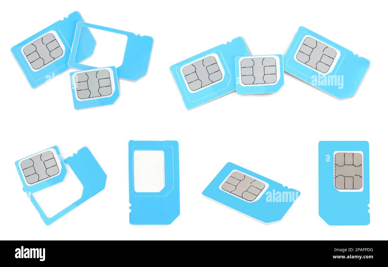 Set with light blue SIM cards on white background Stock Photo - Alamy