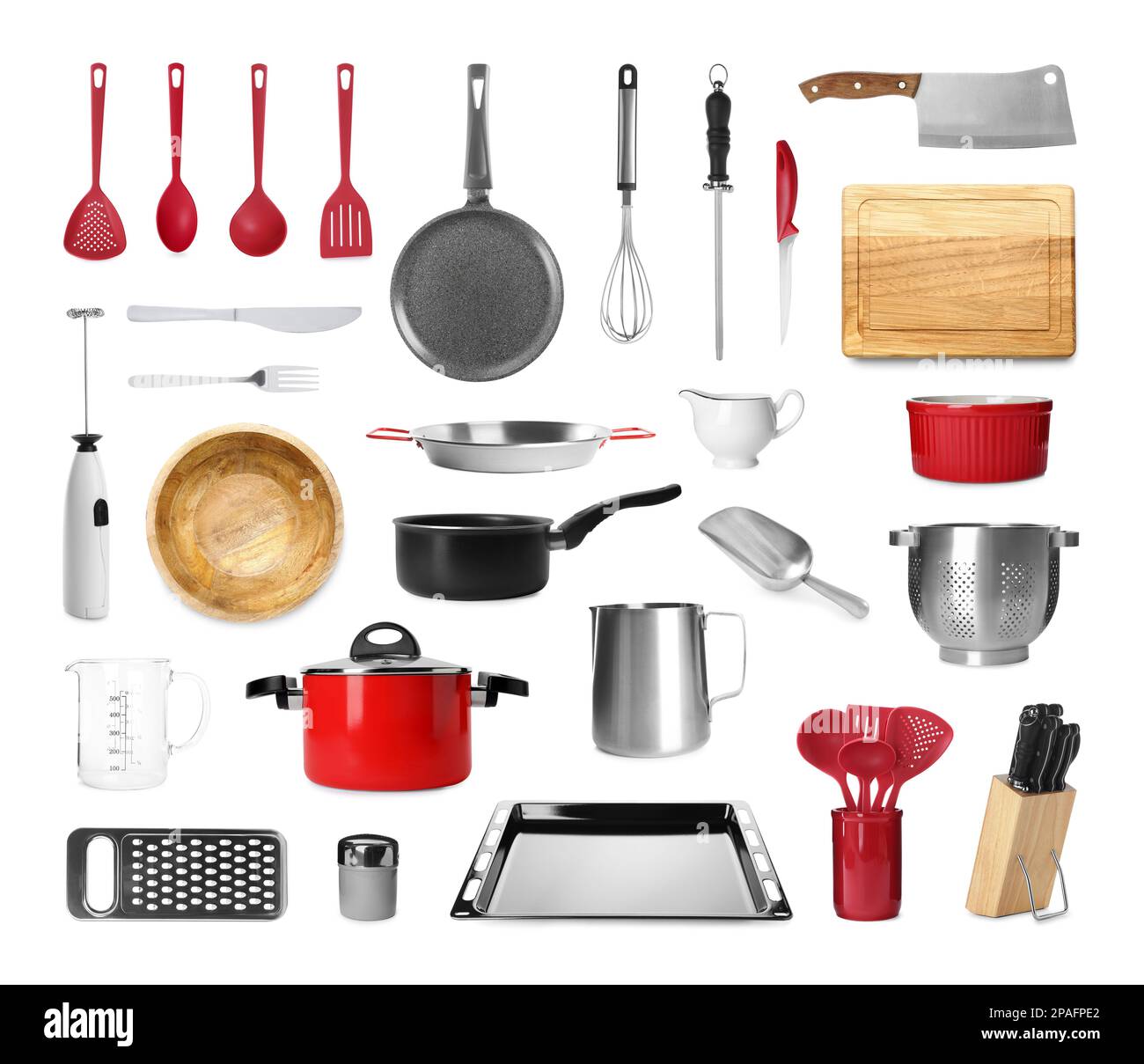 Set with different kitchenware on white background Stock Photo - Alamy