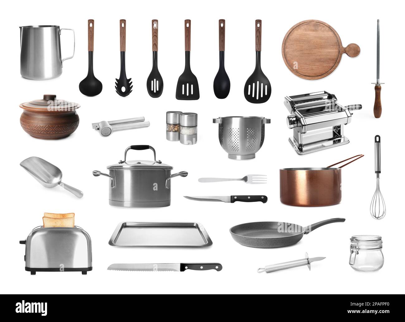 Set with different kitchenware on white background Stock Photo - Alamy