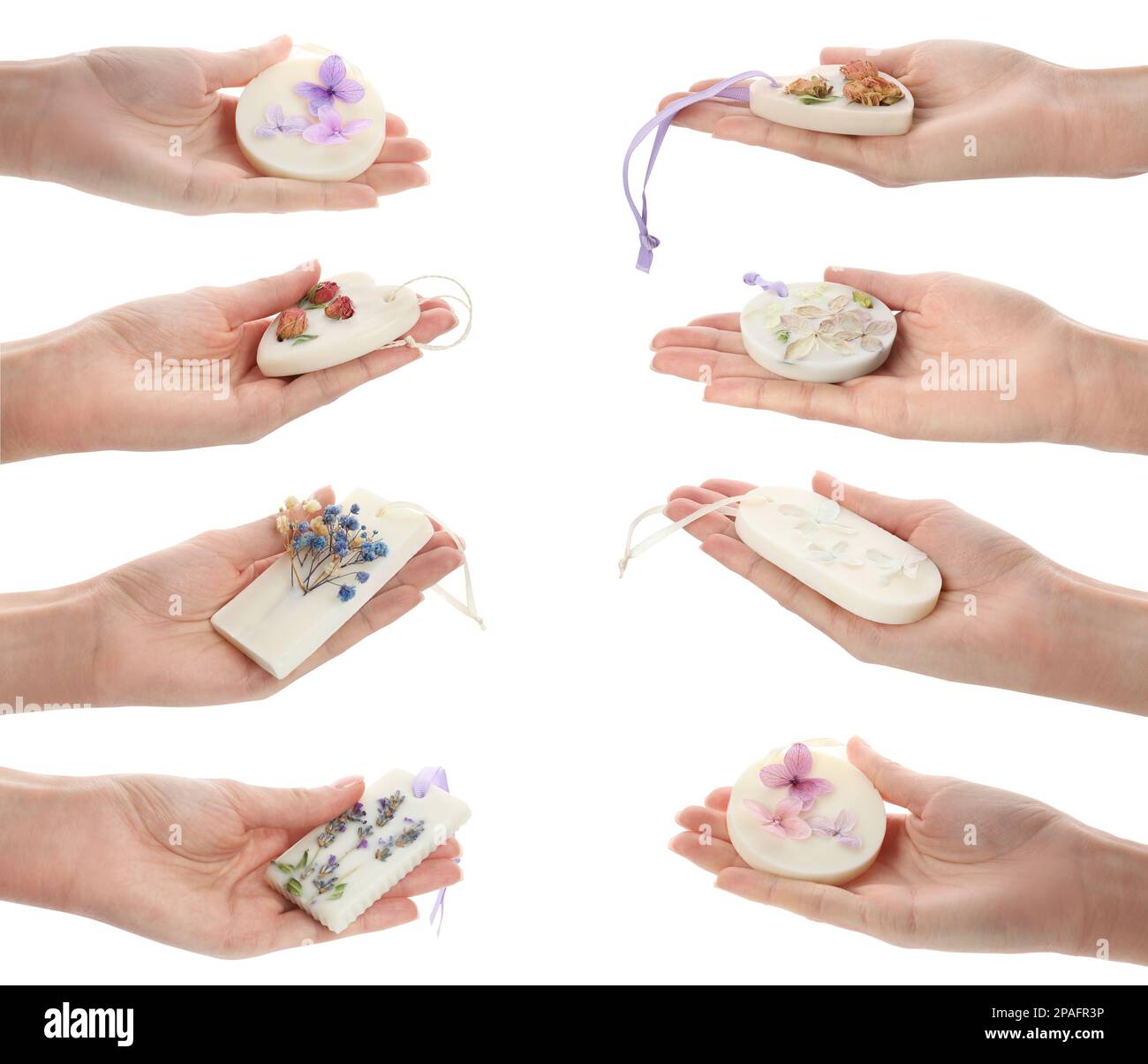 Collage with photos of women holding different scented sachet with ...
