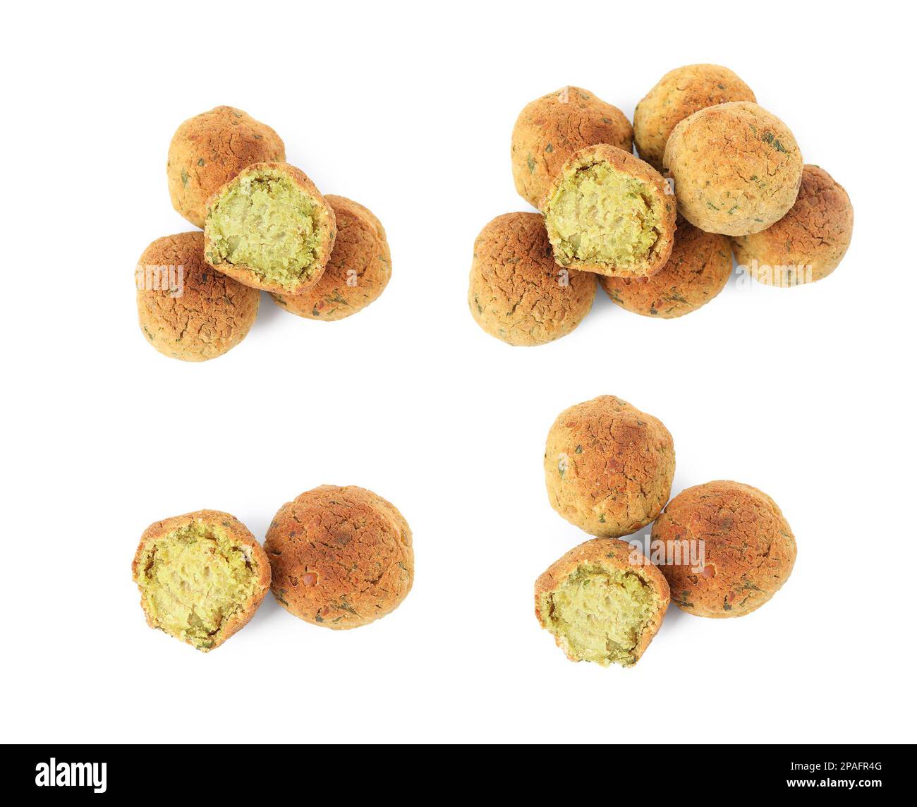 Set with delicious deep fried falafel balls on white background, top ...