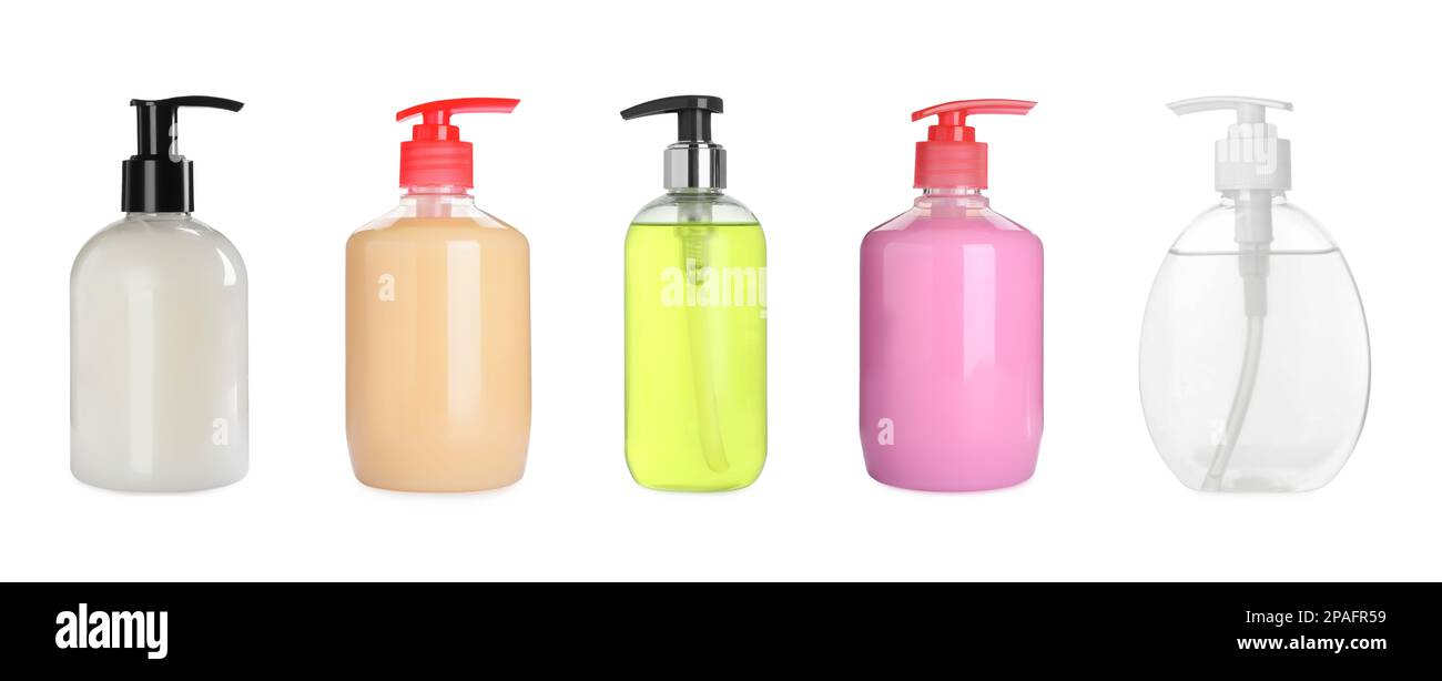 Set with different bottles of liquid soap on white background. Banner ...