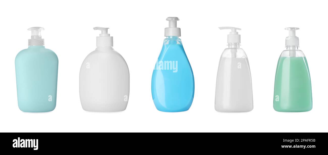 Set with different bottles of liquid soap on white background. Banner ...