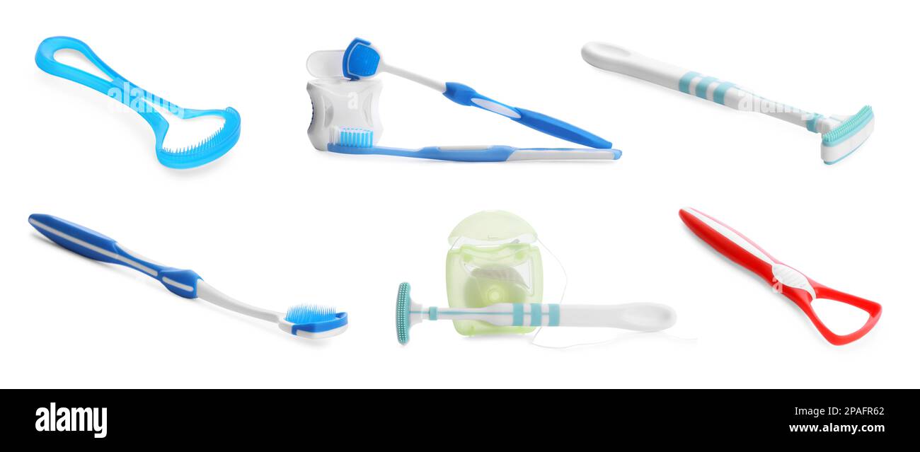 Set with different tongue scrapers, dental floss and toothbrushes on ...