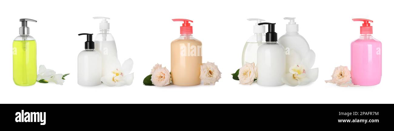 Set with different bottles of liquid soap on white background. Banner ...
