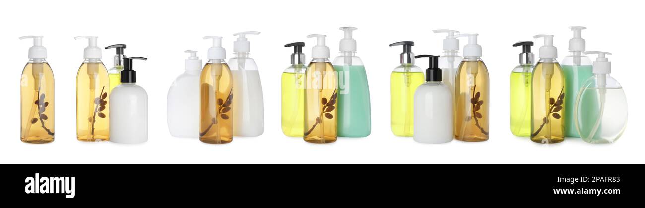 Set with different bottles of liquid soap on white background. Banner ...