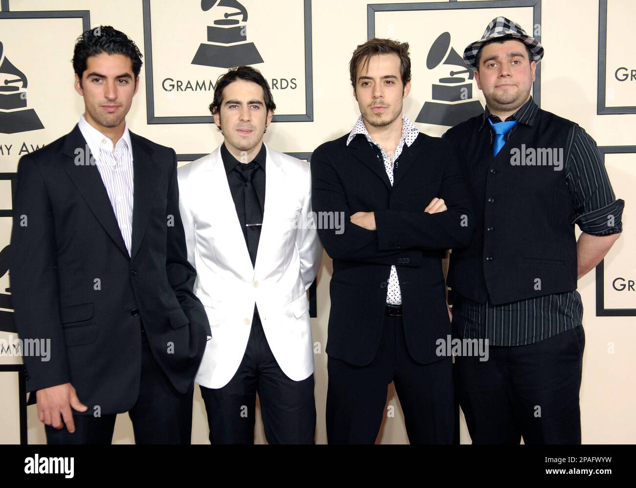 Mexican musical group Panda arrives at the 50th Annual Grammy Awards on ...