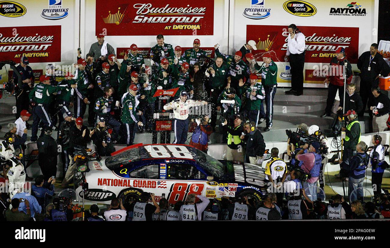 NASCAR driver Dale Earnhardt Jr. celebrates after winning the Budweiser ...