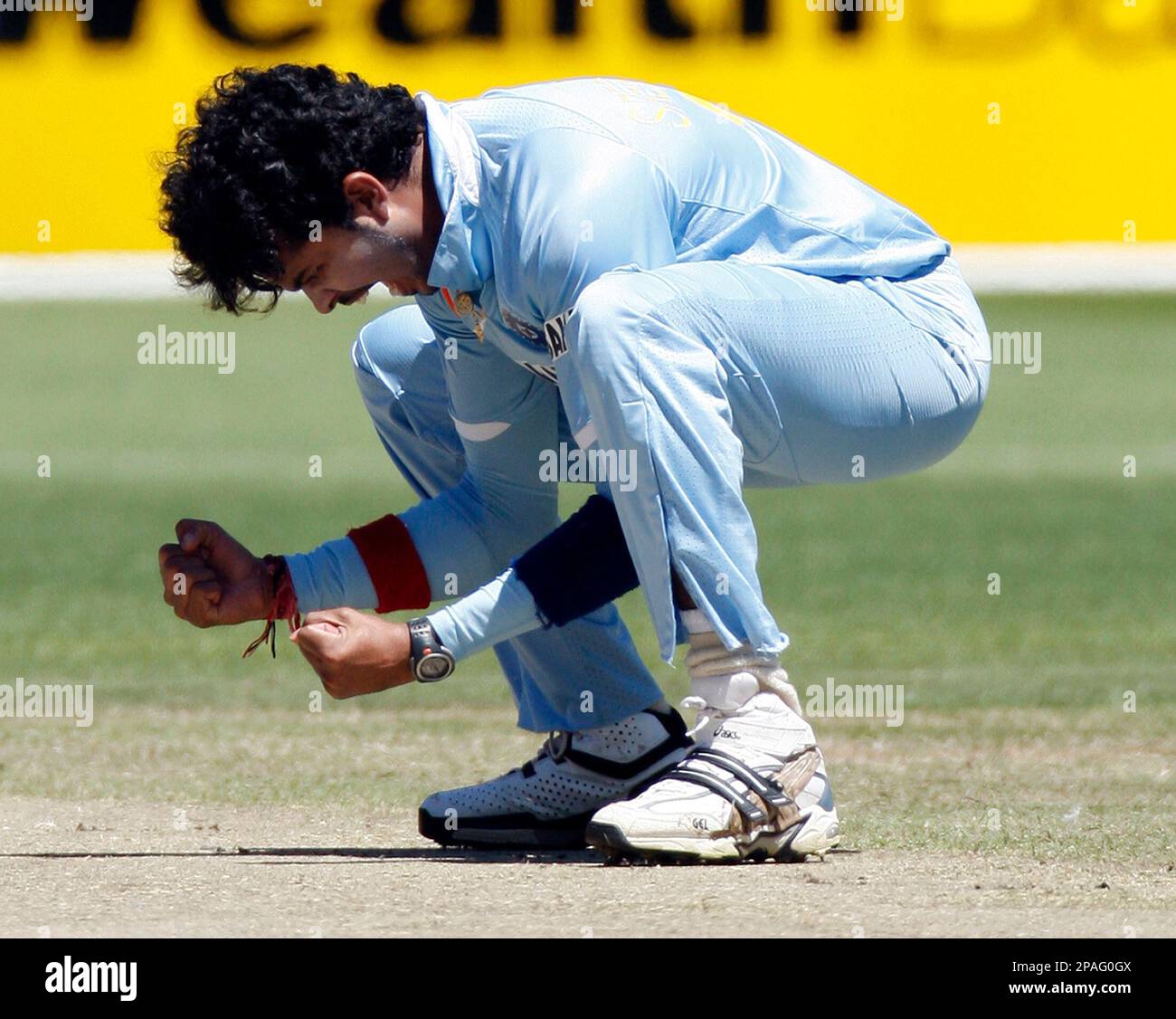 India's Shanthakumaran Sreesanth celebrates the wicket of Adam ...