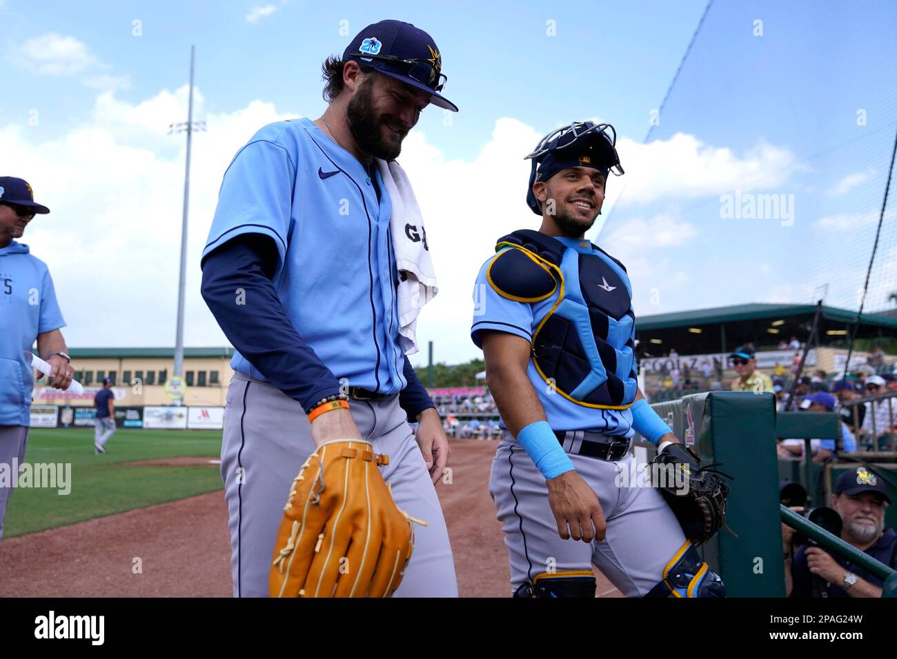 Tampa Bay Rays starting pitcher Josh Fleming, left, and catcher Rene ...