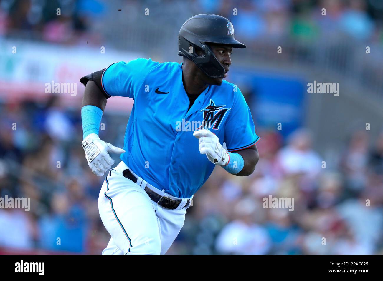 Miami Marlins' Jesus Sanchez runs after hitting a single during the ...