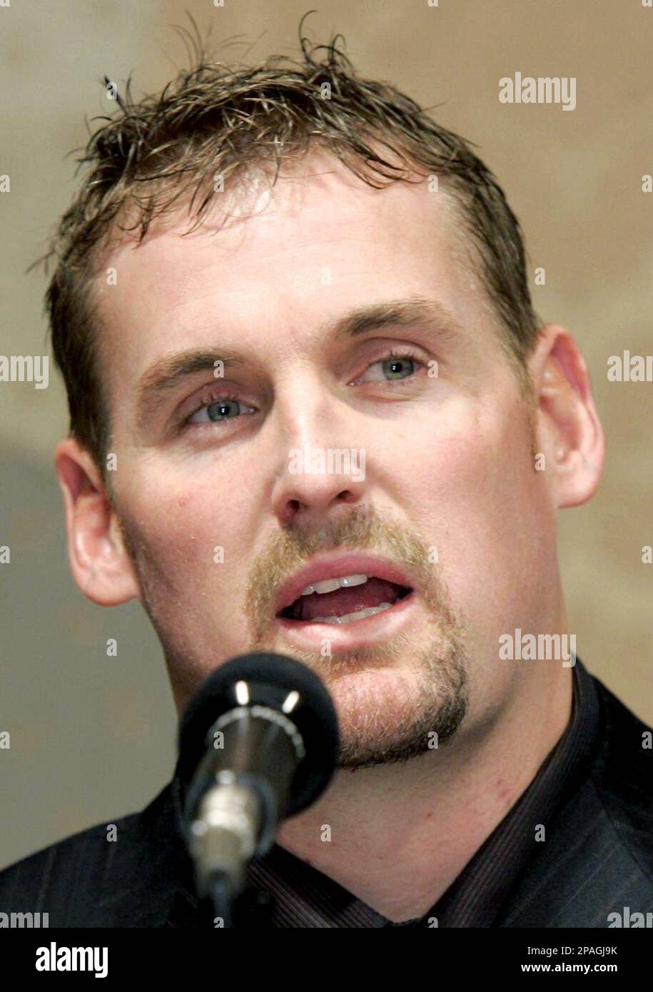 Former Major League pitcher Jeremy Powell speaks in a press conferrence ...