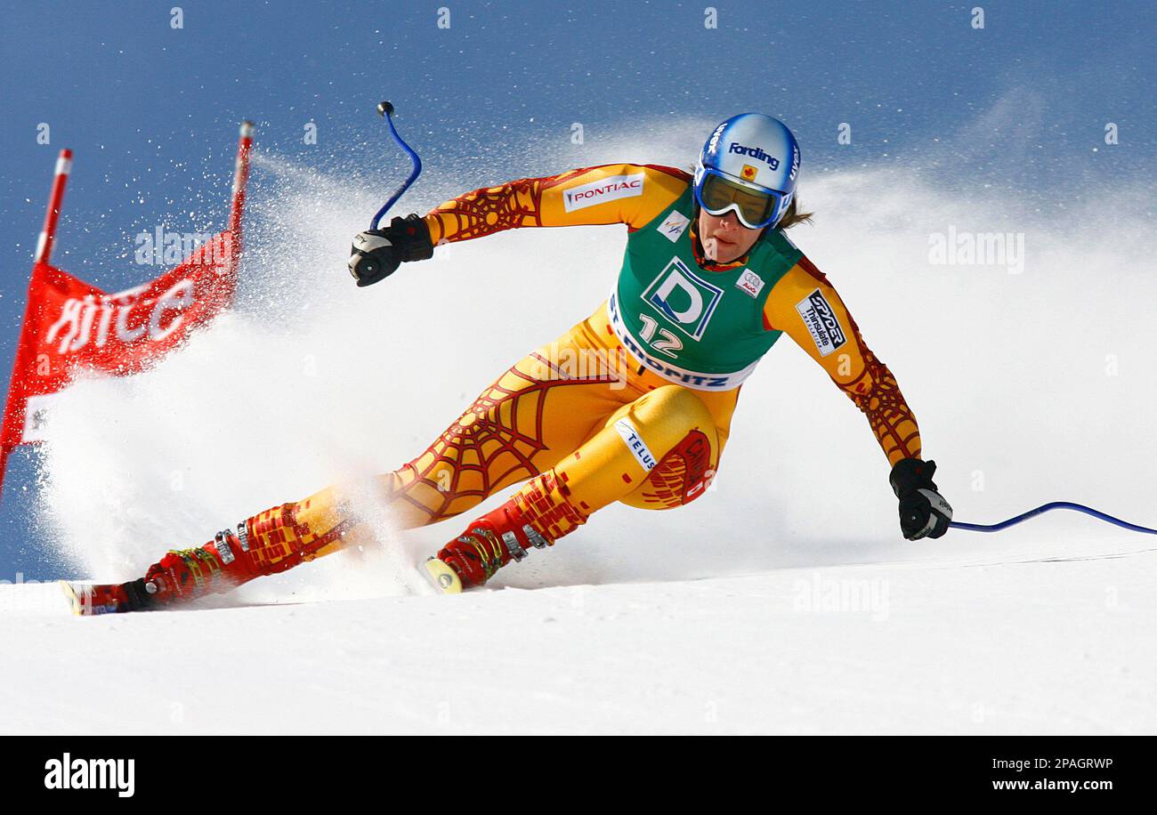 Canada's Emily Brydon speeds down the course on her way to winning a ...