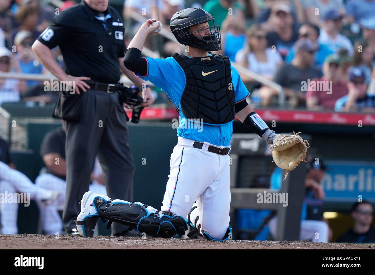 Miami Marlins catcher Jacob Stallings throws during a spring training ...