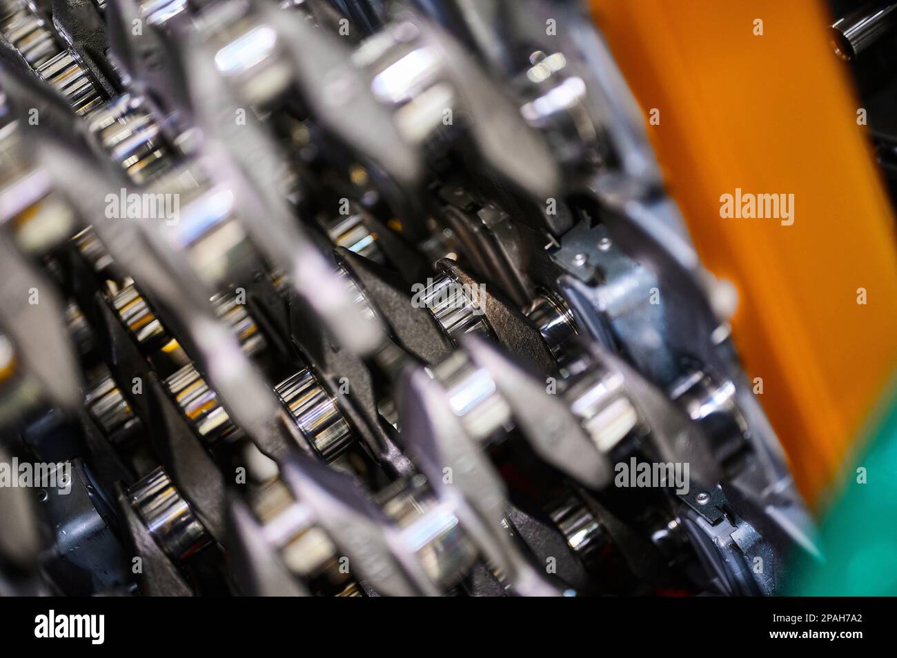 Automotive engine assembly line, set of crankshaft ready to be ...