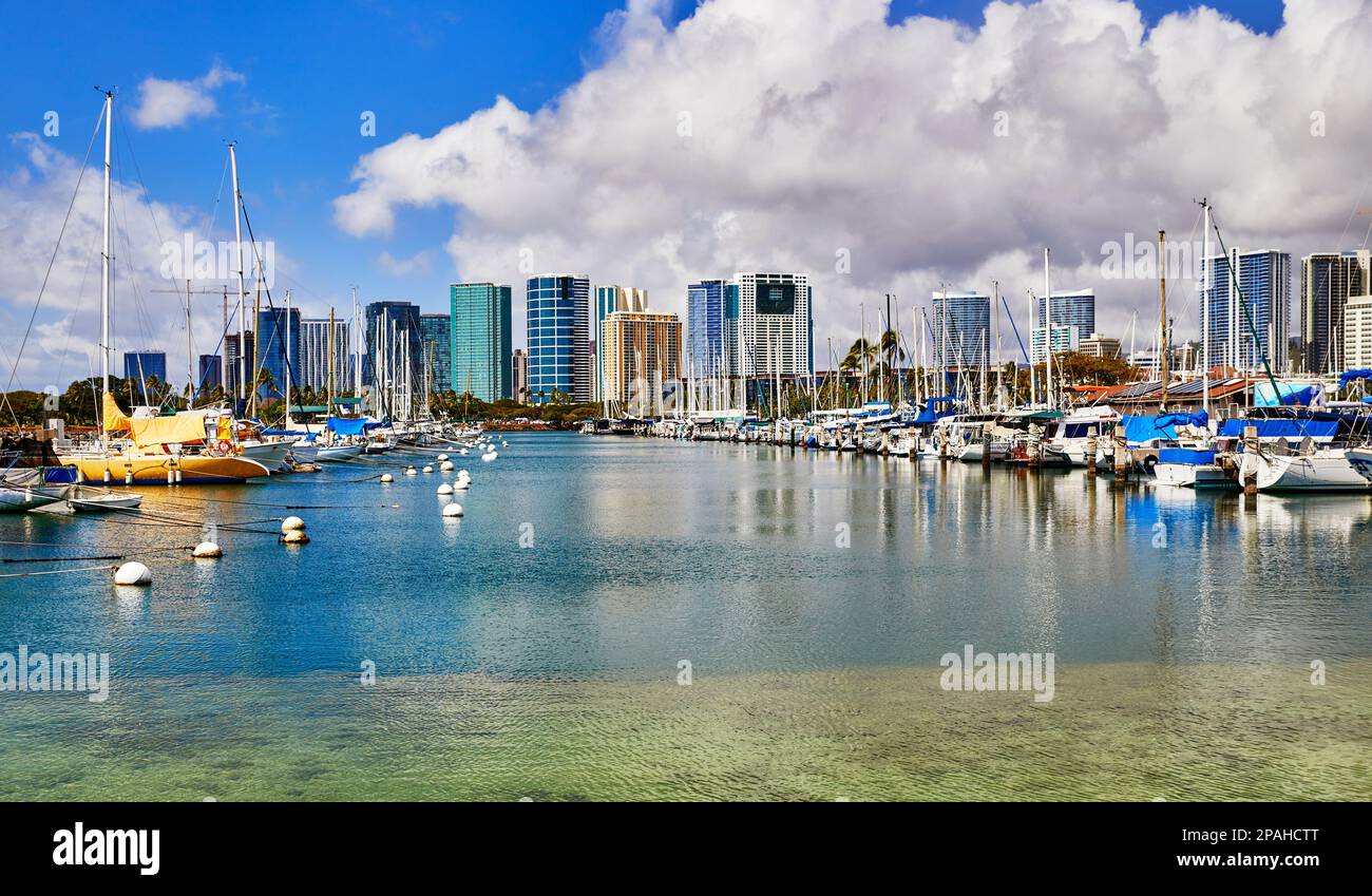 Boat Harbor with skyline view of Honolulu, Hawaii in the background ...