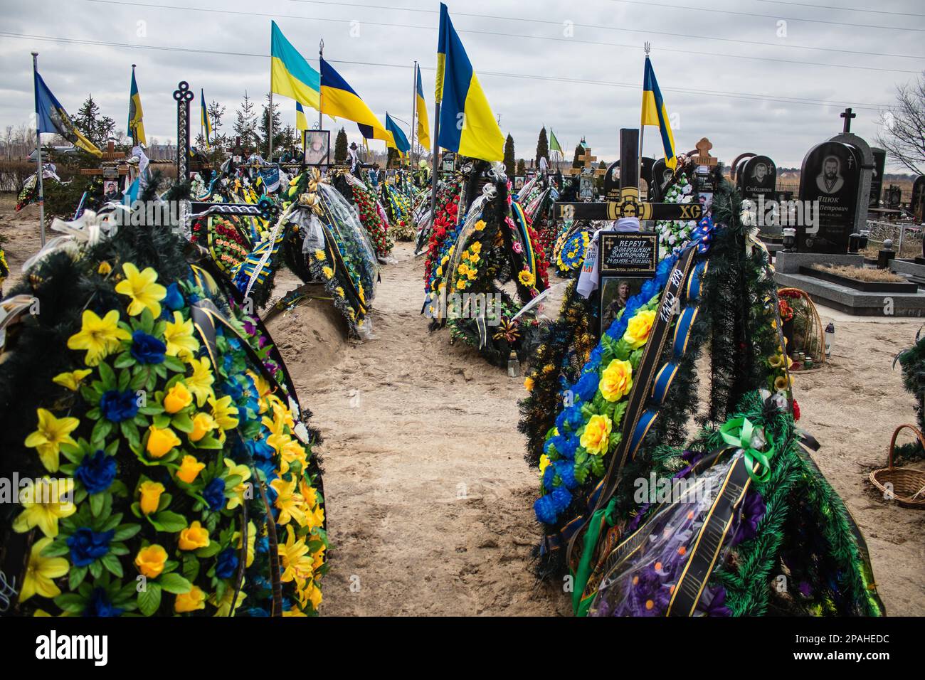 Ornate graves of Ukrainian soldiers who died during the Battle of Irpin ...