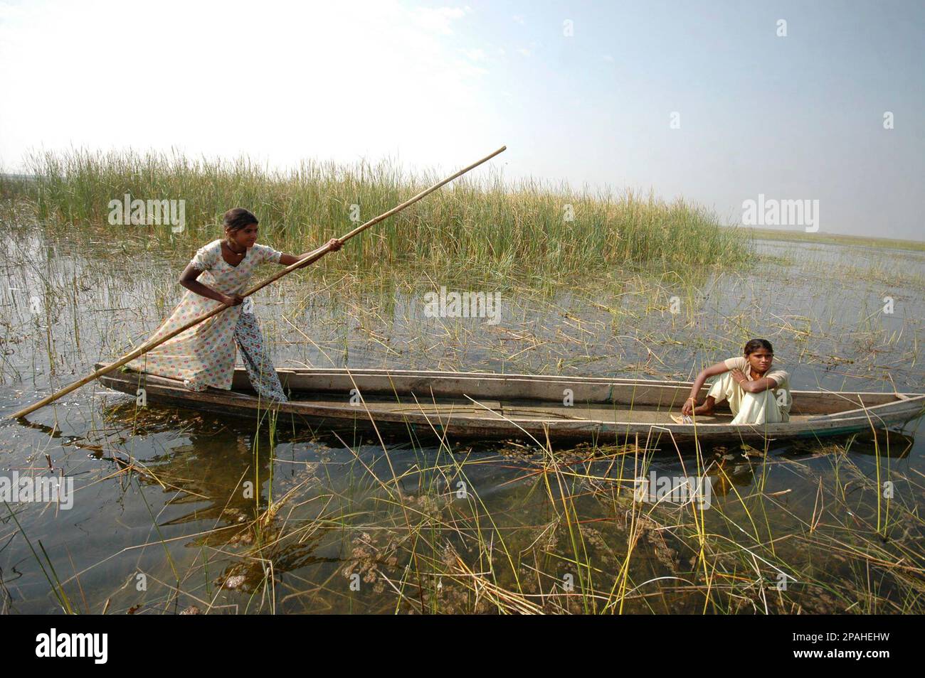 Indian girls row their boat to collect grass for their cattle at Nal ...