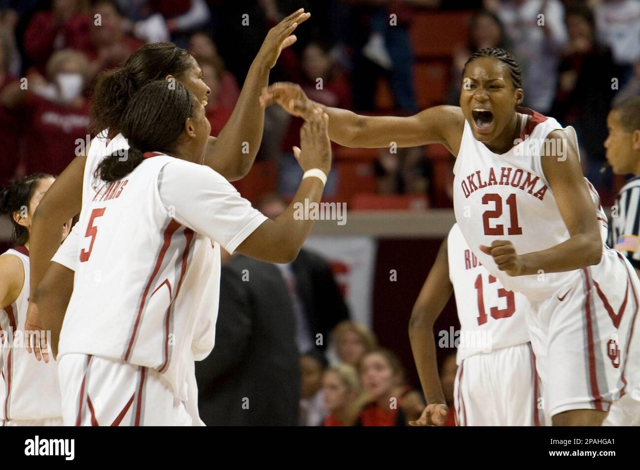 Oklahoma forward Amanda Thompson (21) celebrates their win over Georgia ...