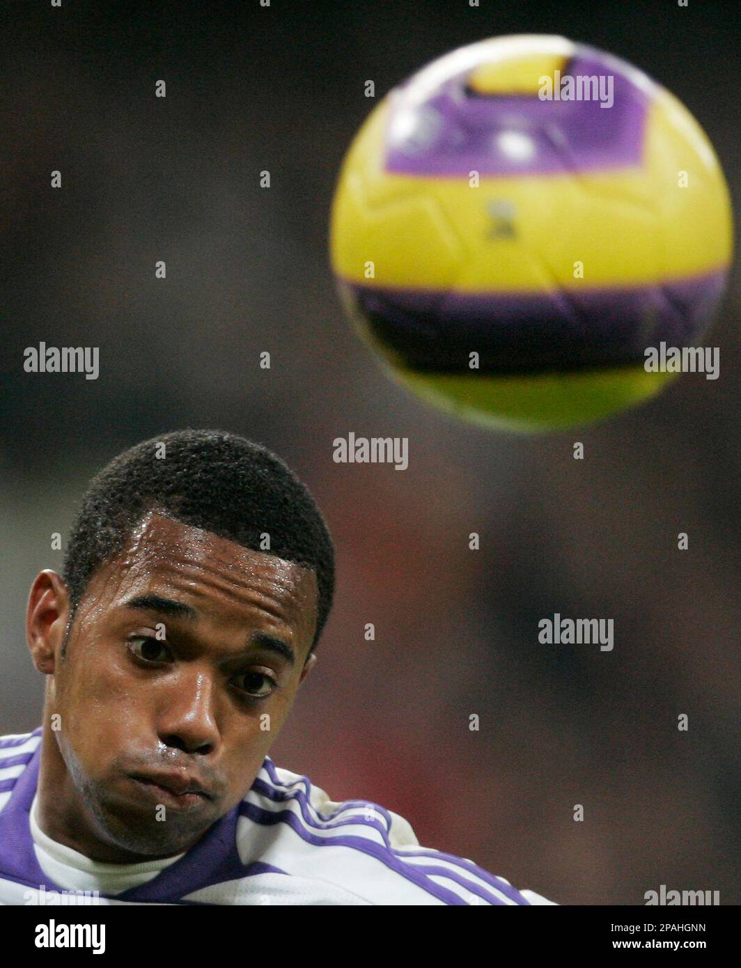Real Madrid player Robinho, from Brazil, controls the ball against ...
