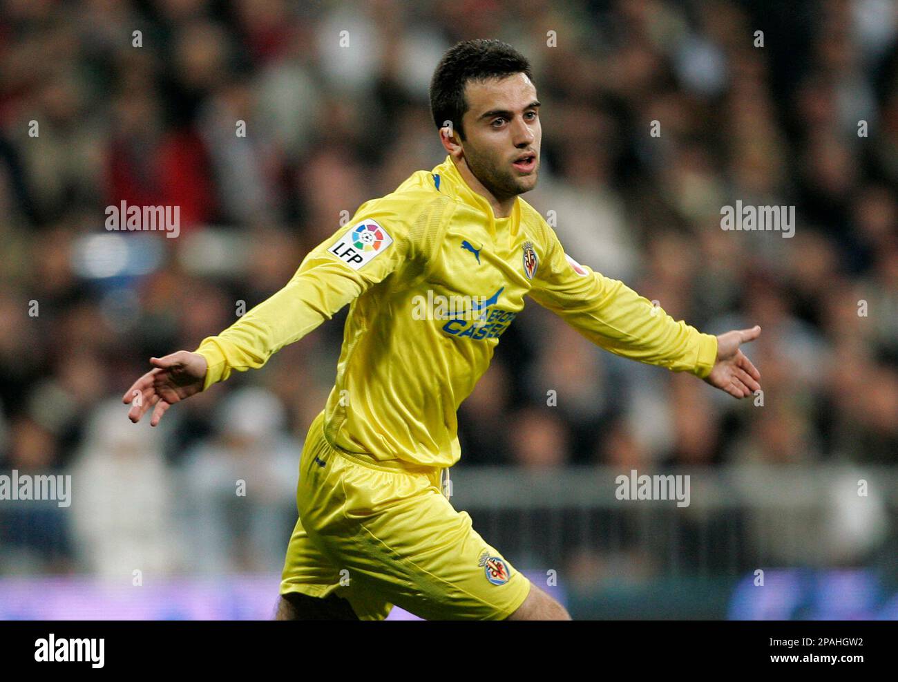 Villareal's Giuseppe Rossi, from Italy, reacts after scoring against ...