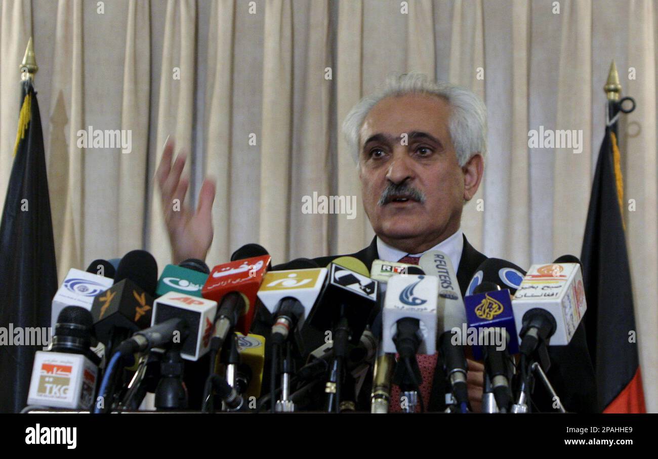 Afghan Foreign Minister Rangeen Dadfar Spanta gestures during a press ...
