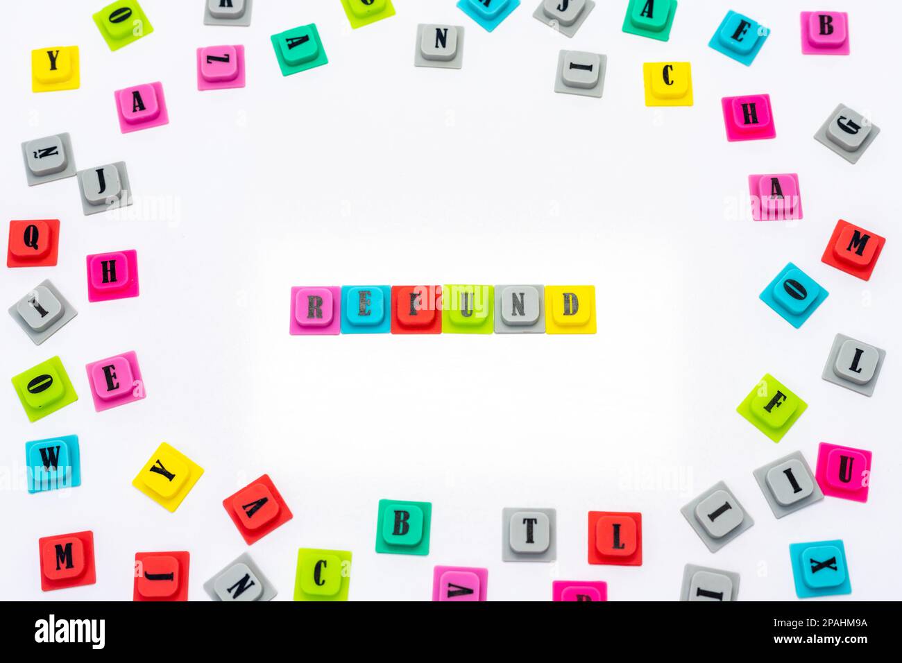 REFUND word written with colorful letters on white background Stock ...