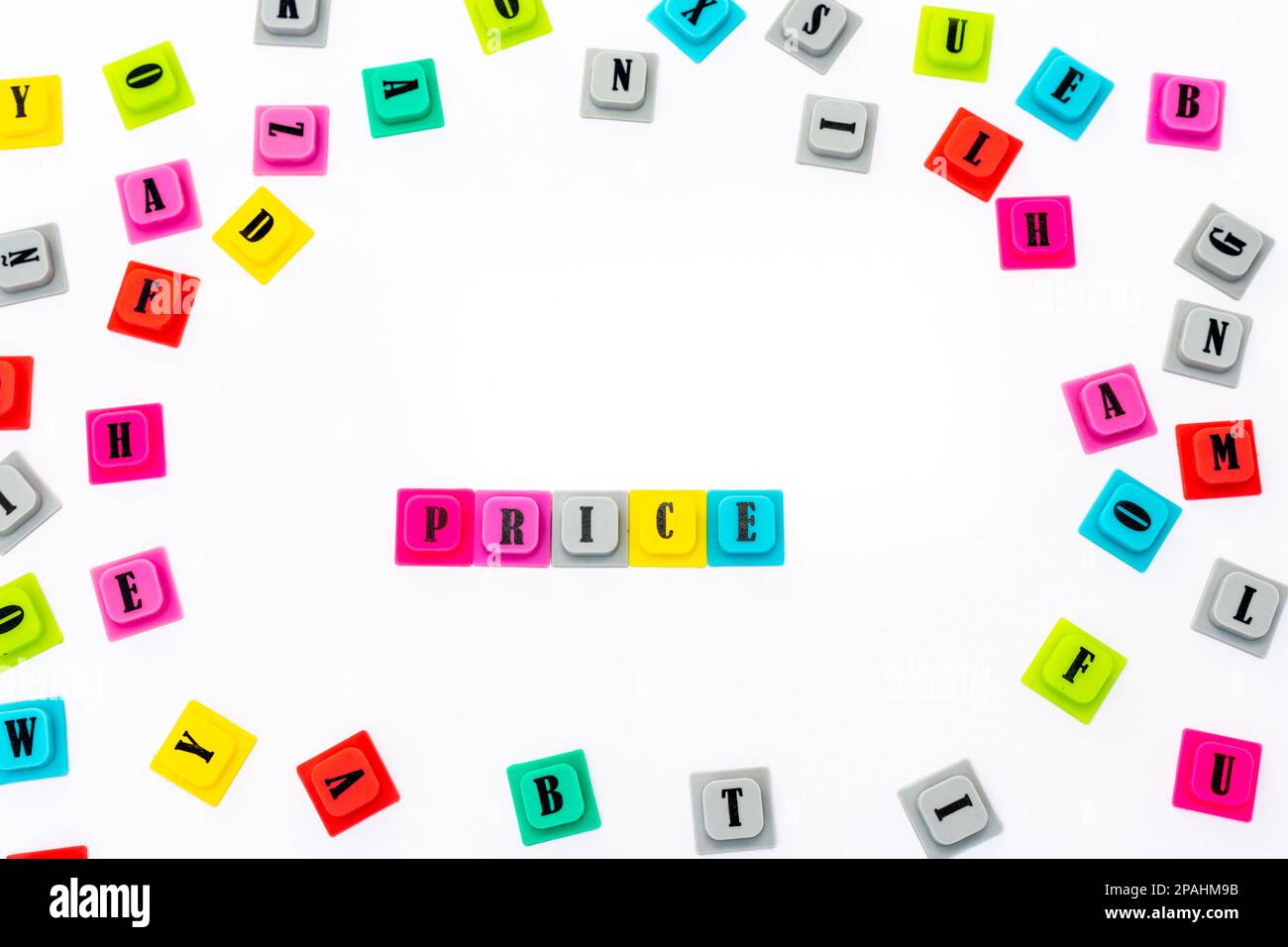 PRICE word made with a colorful rubber alphabets on white isolated ...