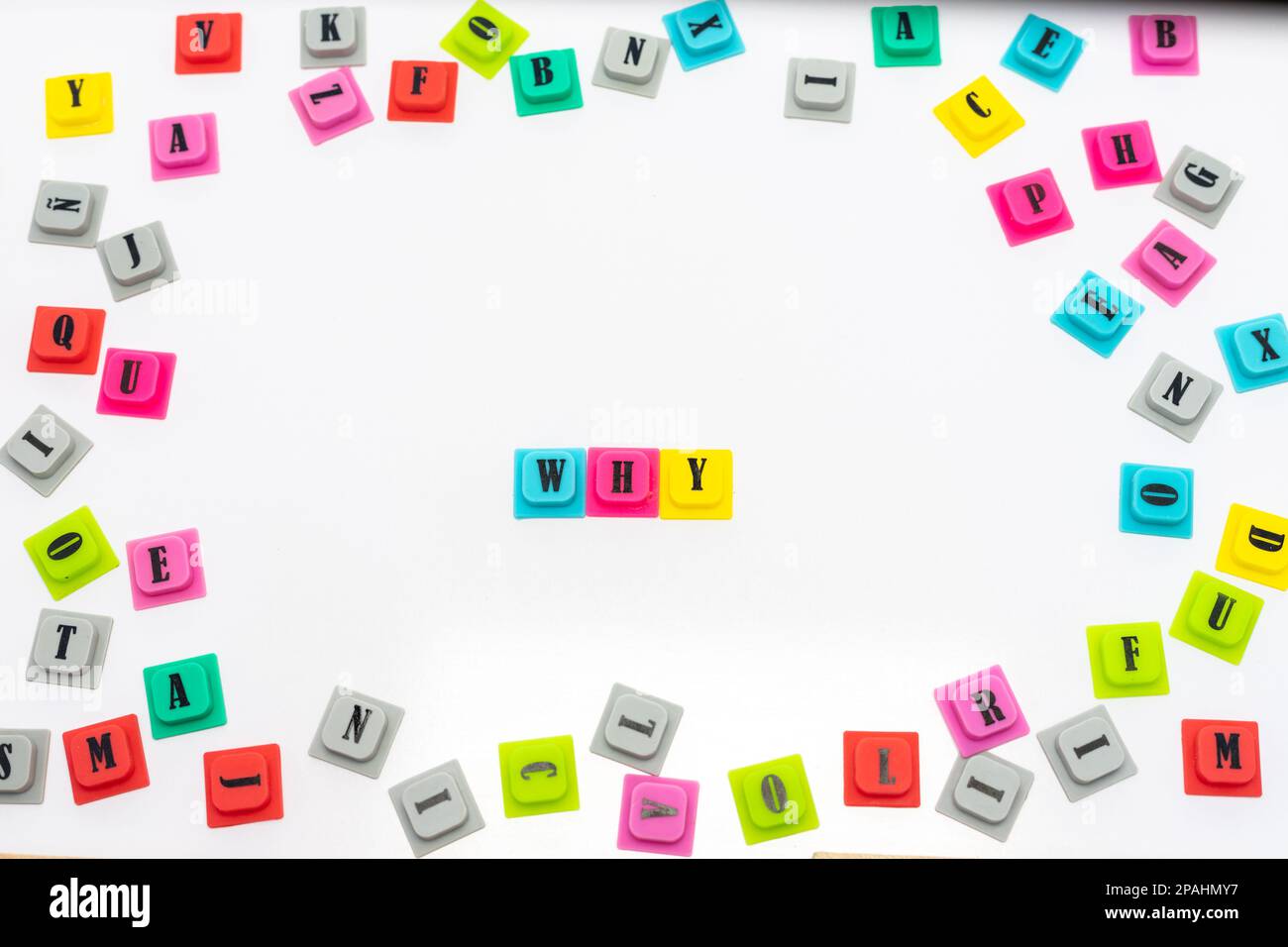 WHY word on white alphabetic background with selective focus Stock ...