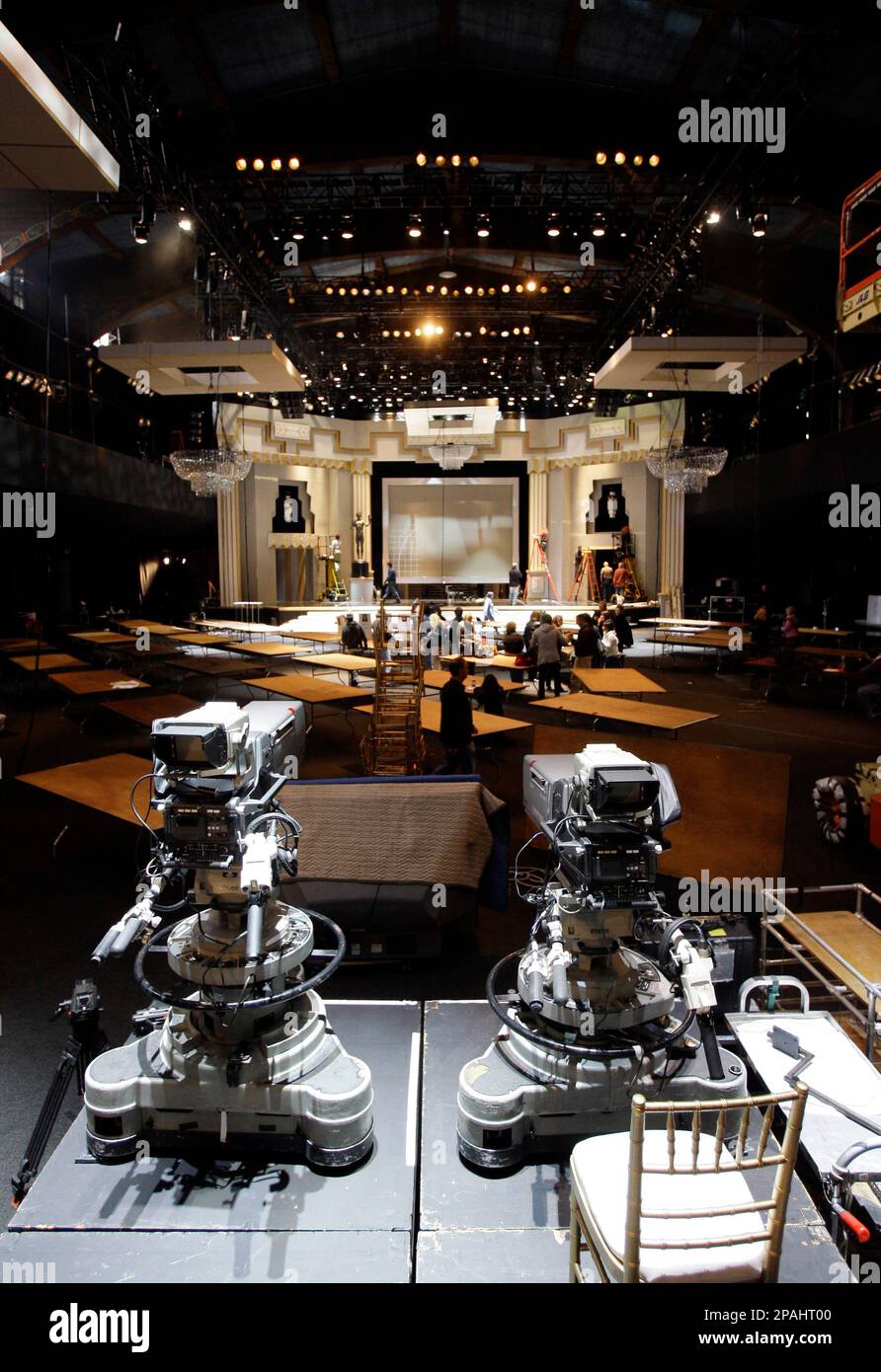 Stage hands set up the stage in preparation for the SAG Awards at the ...