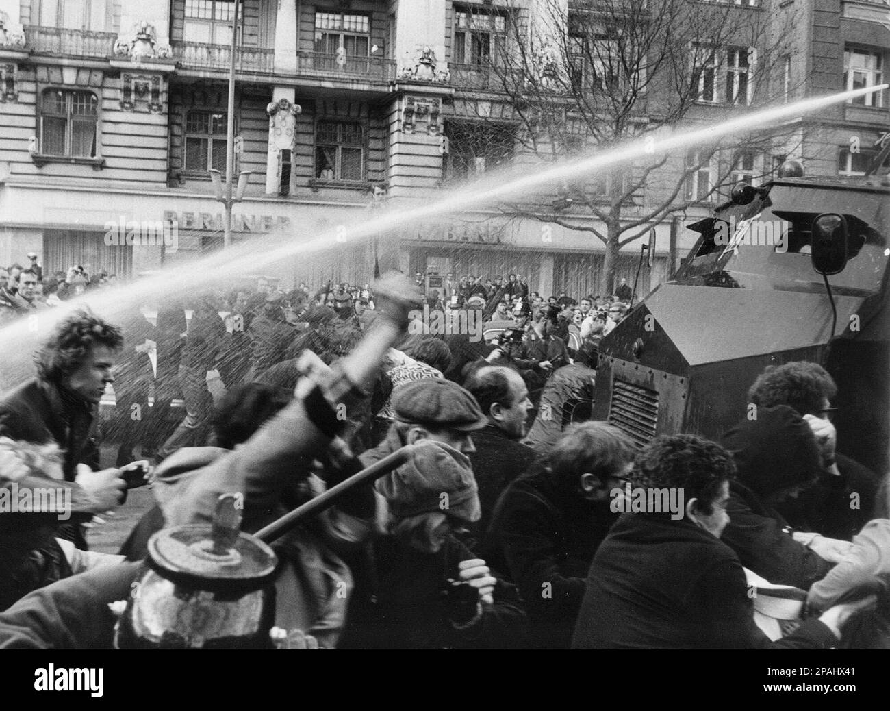 Police water cannon in action during a demonstration on West Berlin's ...
