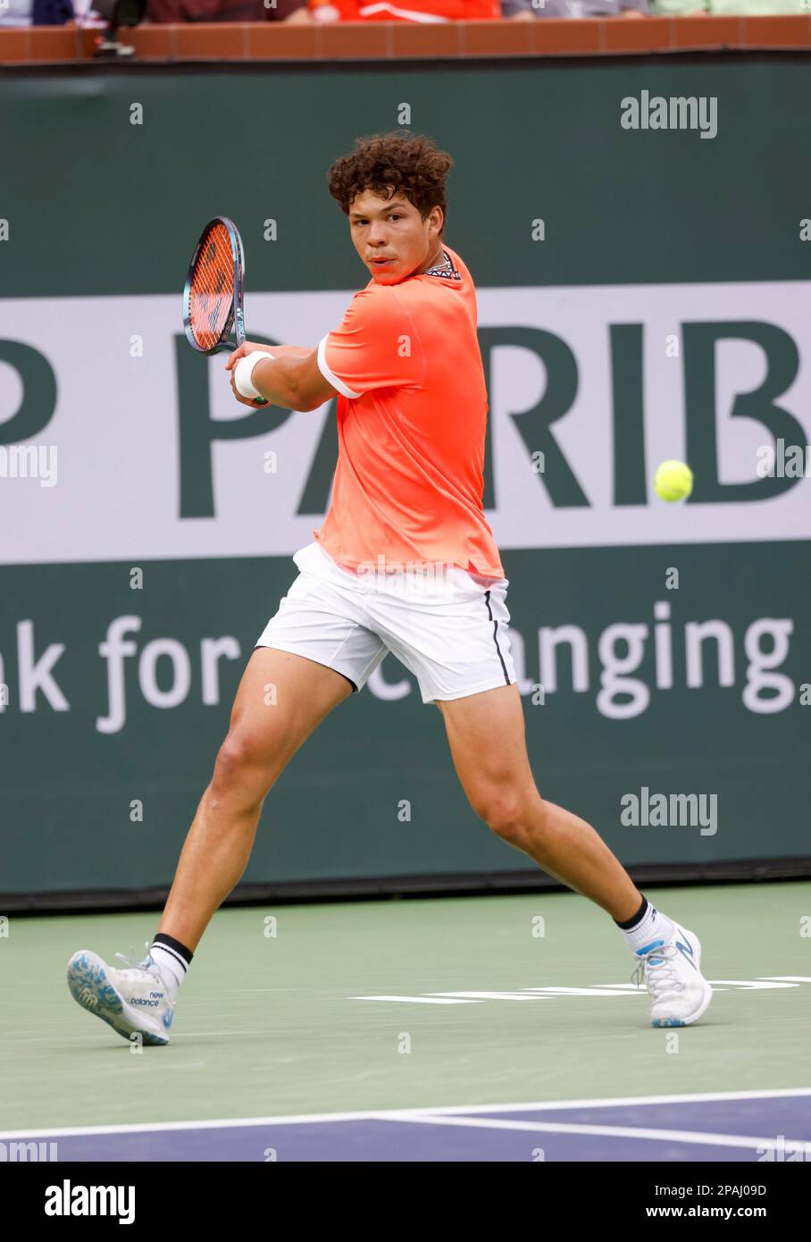 March 11, 2023 Ben Shelton returns a shot against Taylor Fritz during ...