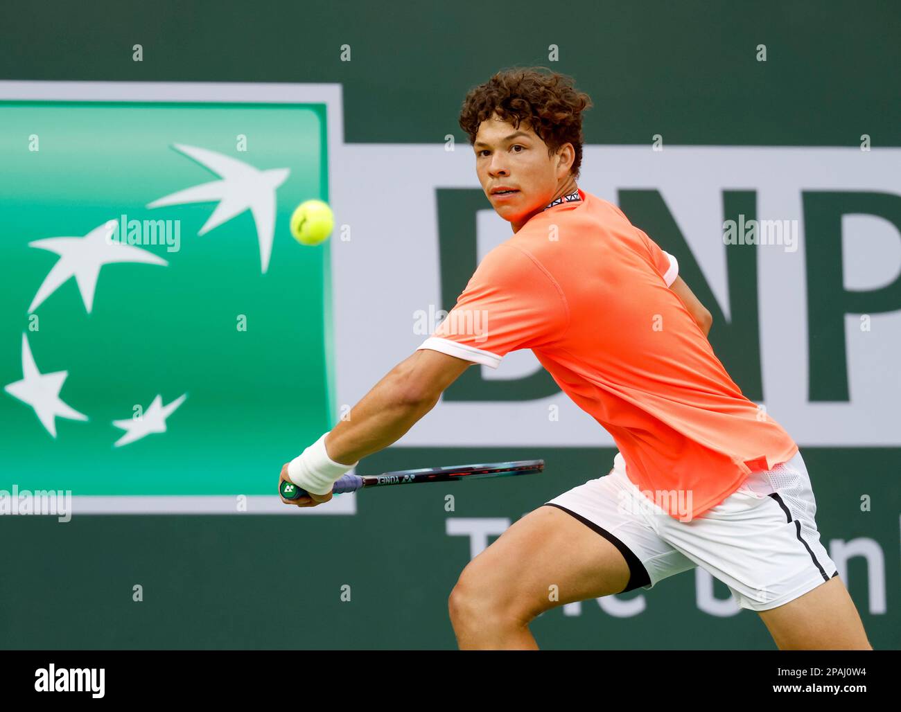 March 11, 2023 Ben Shelton returns a shot against Taylor Fritz during ...