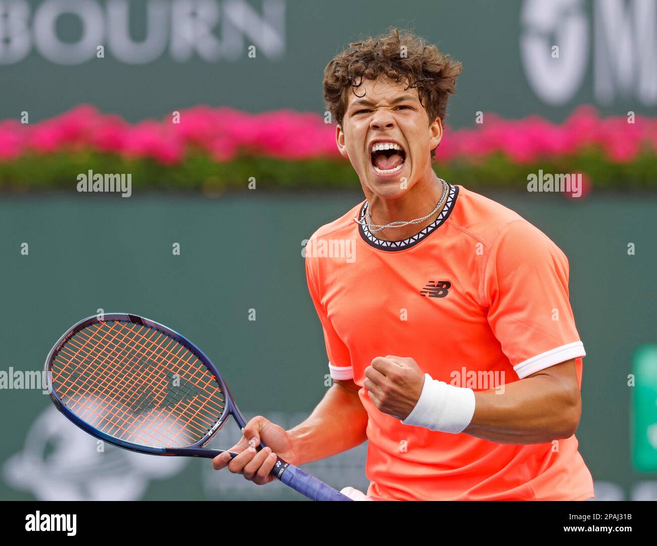 March 11, 2023 Ben Shelton reacts to winning a game against Taylor ...