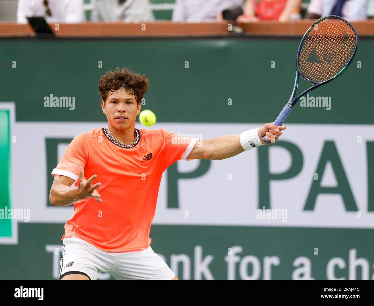 March 11, 2023 Ben Shelton returns a shot against Taylor Fritz during ...