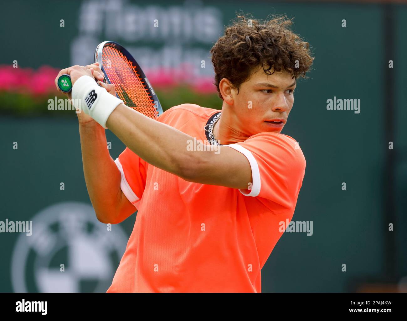 March 11, 2023 Ben Shelton returns a shot against Taylor Fritz during ...