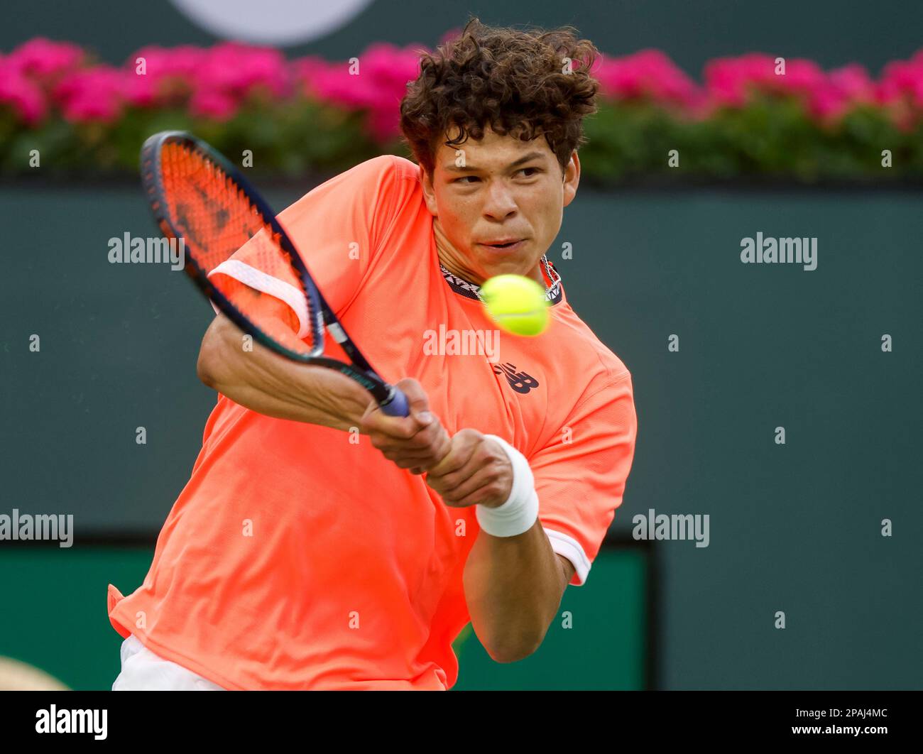 March 11, 2023 Ben Shelton returns a shot against Taylor Fritz during ...