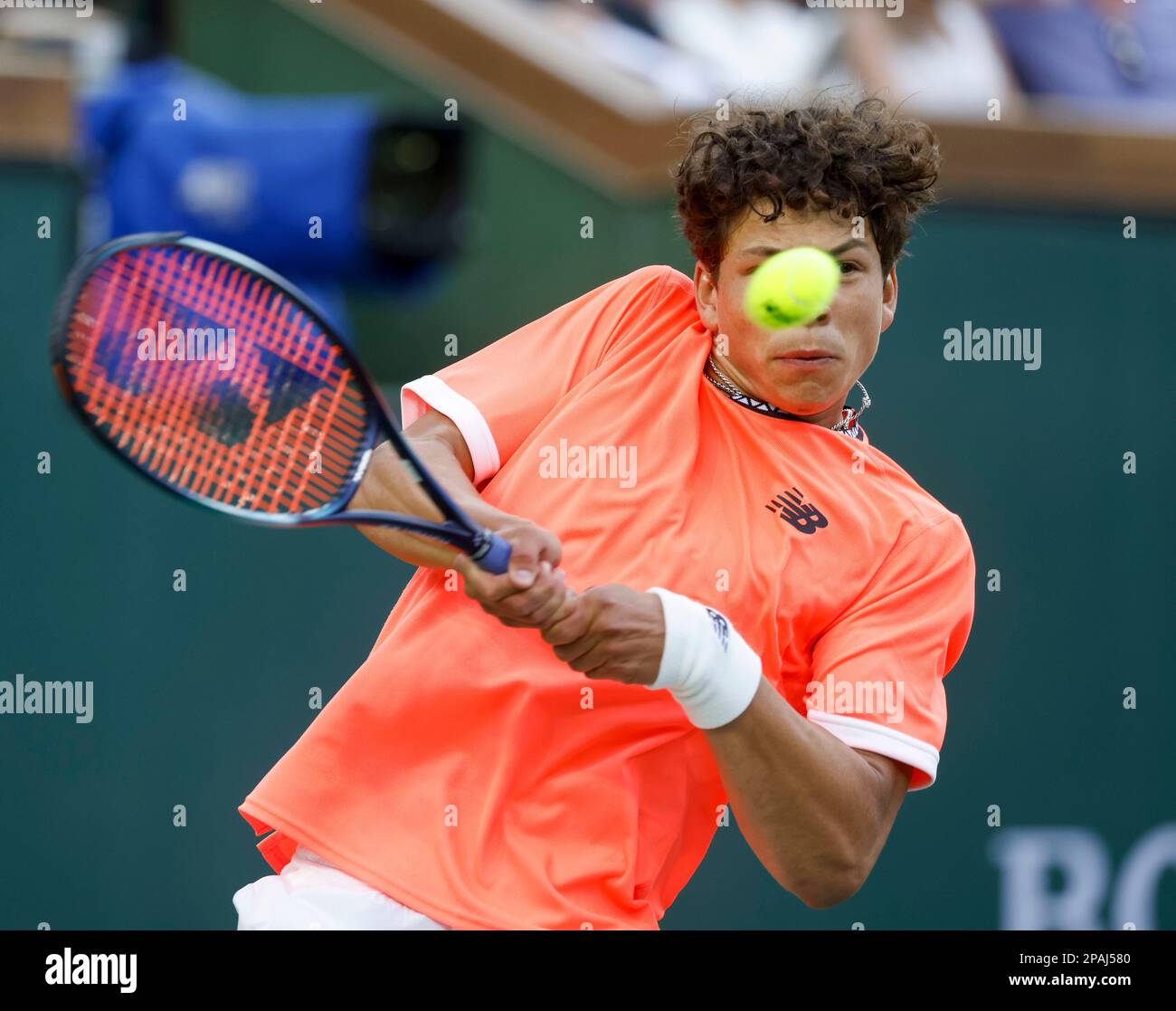 March 11, 2023 Ben Shelton returns a shot against Taylor Fritz during ...