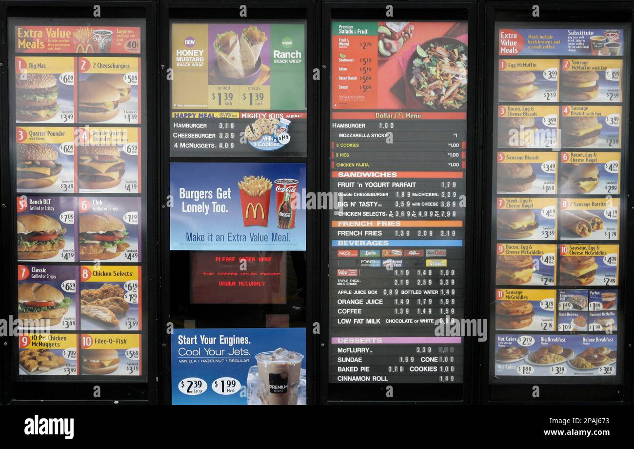 **FILE** The drive-thru menu of a McDonald's restaurant in the Manhattan borough of New York is ...