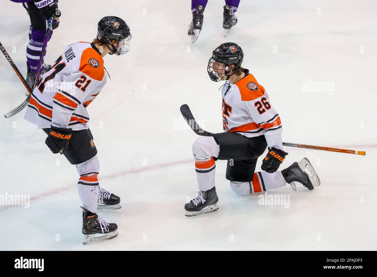 March 11, 2023: RIT Tigers forward Cody Laskosky (26) celebrates after ...
