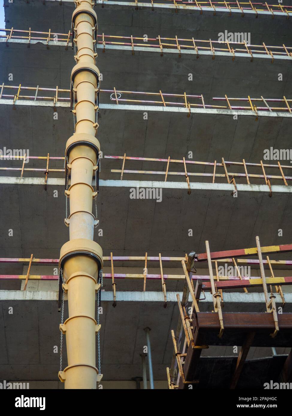 Construction of a high house. Down up. View from below. Frame of a ...