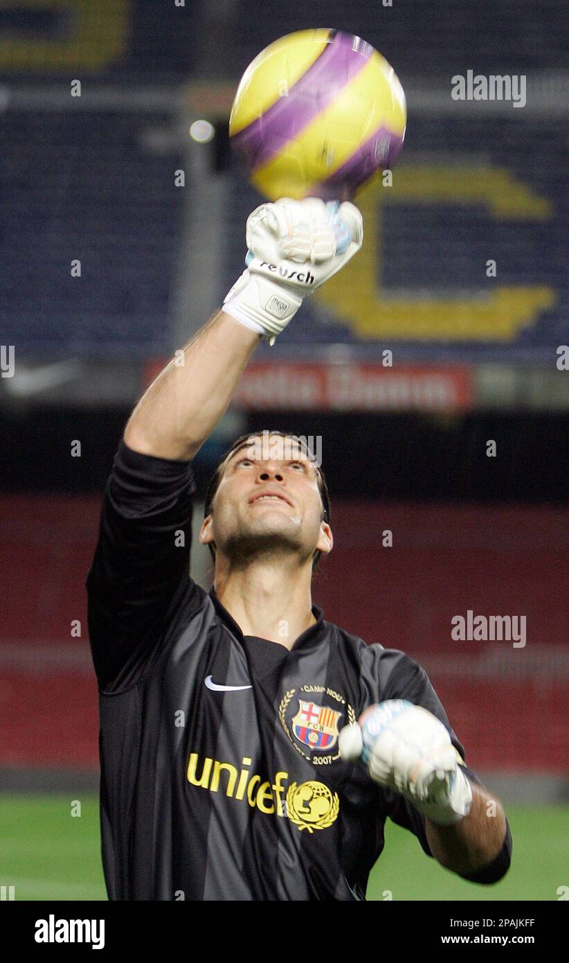 Goalkeeper Jose Manuel Pinto juggles with the ball during his official ...