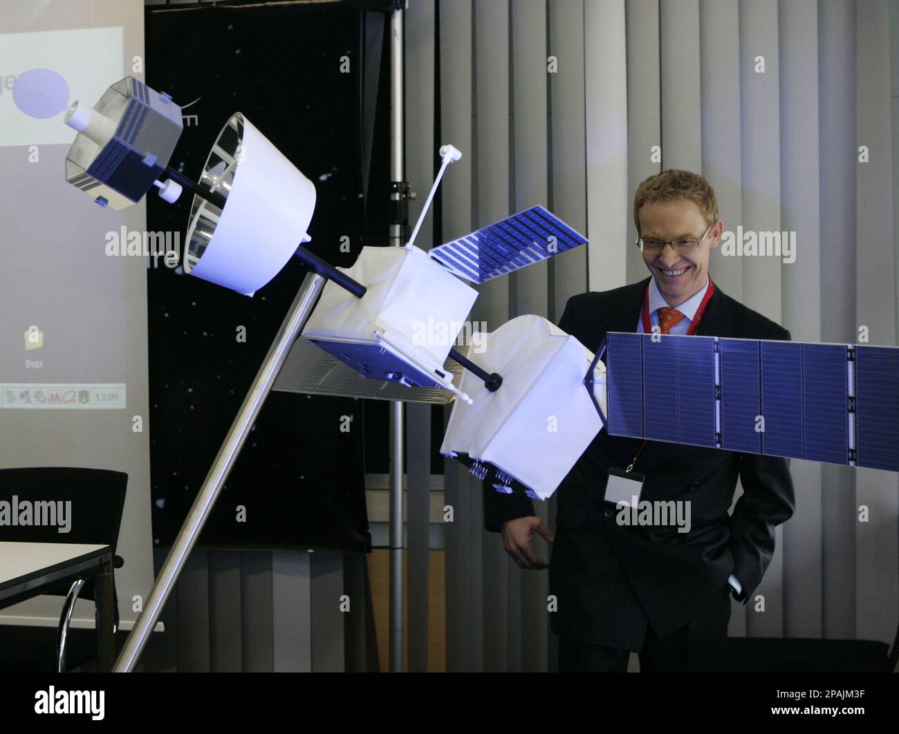 A journalist looks at the design model of new Merkury probe BepiColombo ...