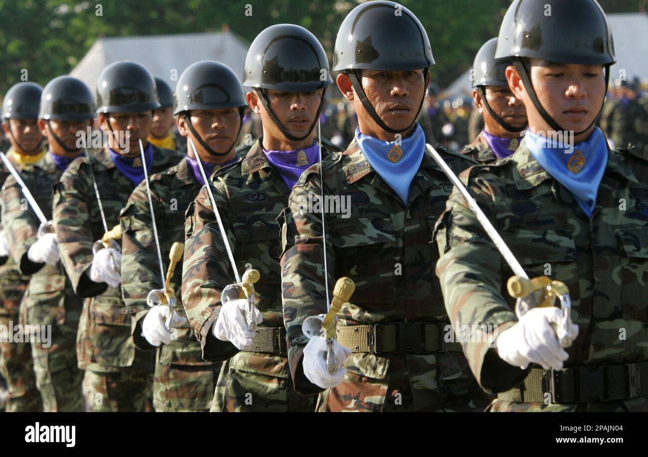 Thai soldiers march in line during a ceremony marking Thailand's Armed ...
